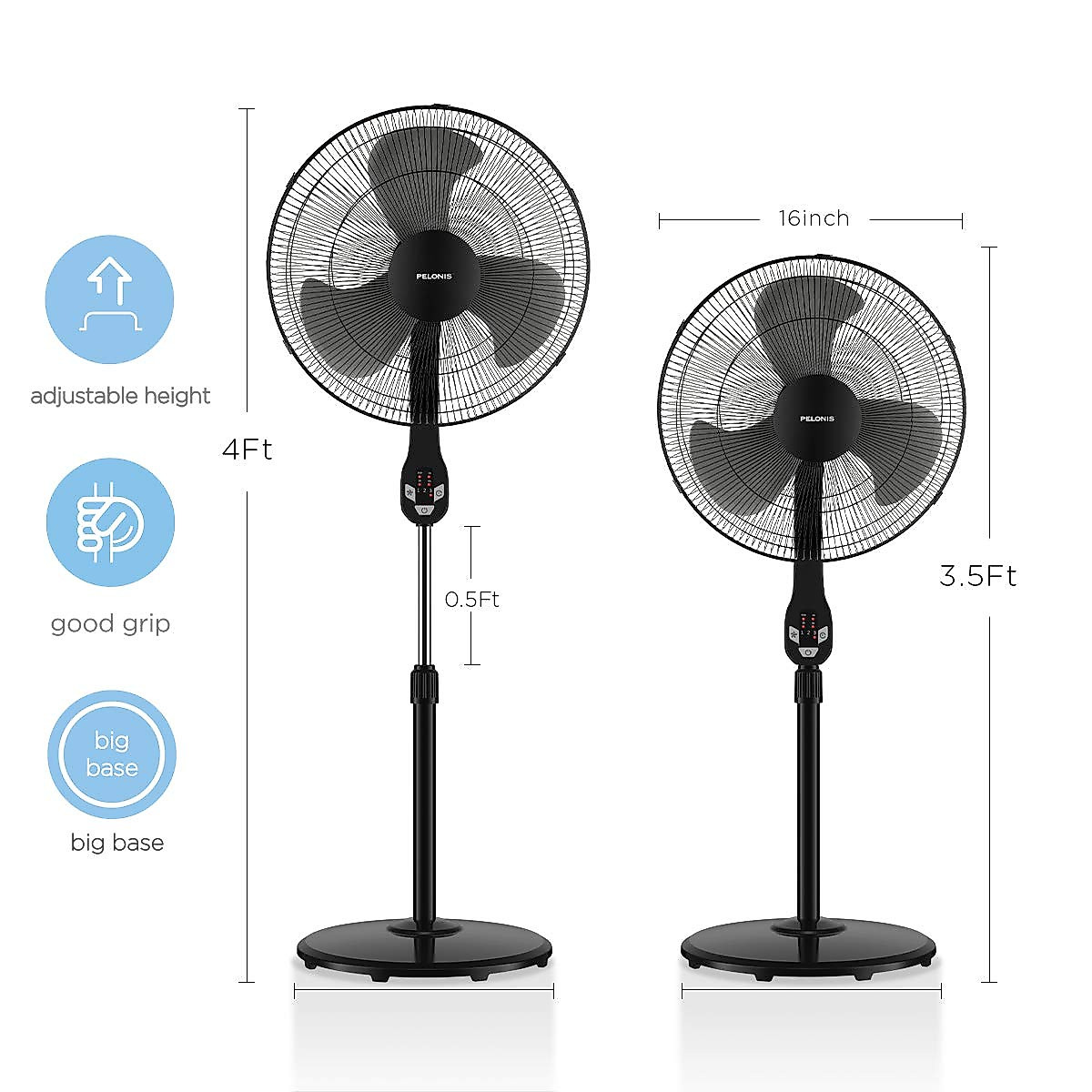 PELONIS 18" Quiet Oscillating Pedestal Fan with LED Display, Remote Control, 3 Speeds and Modes, 7.5h Programmed Timer for Home and Office, Glossy Black