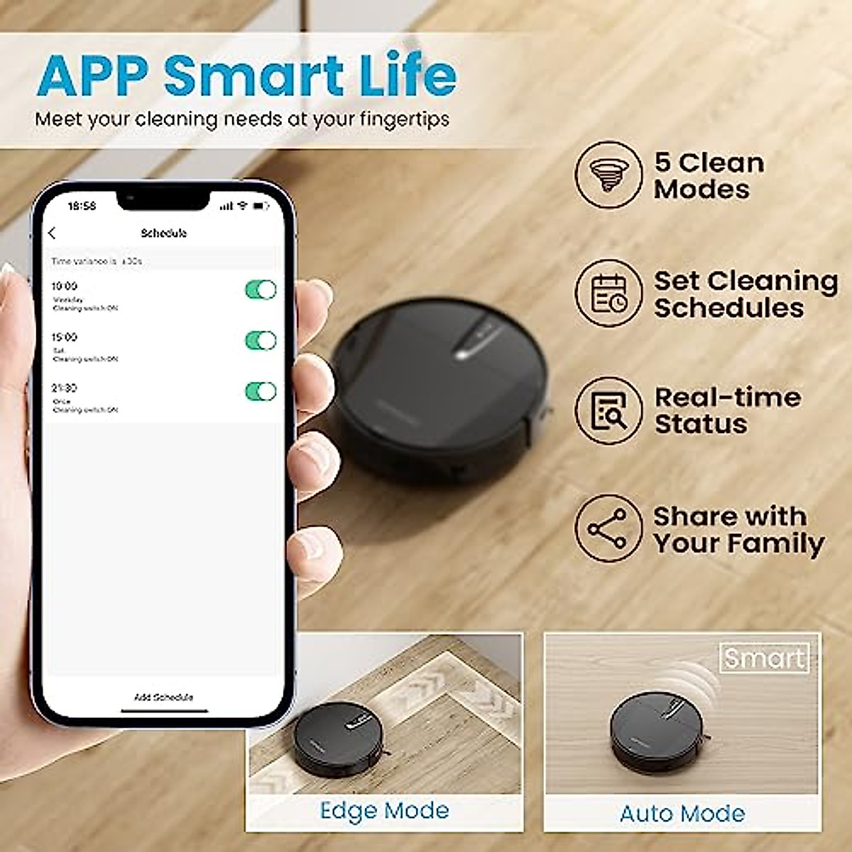 ROPVACNIC Robot Vacuum Cleaner with 3000Pa Cyclone Suction, APP/Voice/Remote Control, Automatic Self-Charging Robotic Vacuum, Scheduled Cleaning, Ideal for Pet Hair, Hard Floor, Low Carpet
