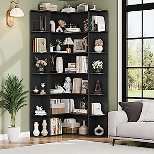 FOTOSOK 74” Tall Corner Bookshelf, 6-Tier Bookshelf and Bookcase with Open Storage, L Shaped Tall Bookcases Wooden Storage Shelves for Home Office, Thickened Boards for Better Load Bearing, Black