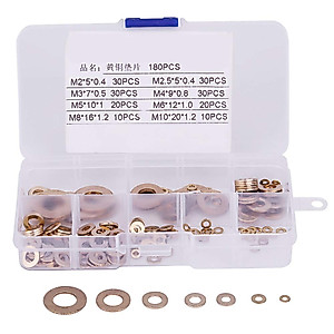 180Pcs Brass Flat Washer Assortment Set with Box M2/M2.5/M3/M4/M5/M6/M8/M10 Metal Washers