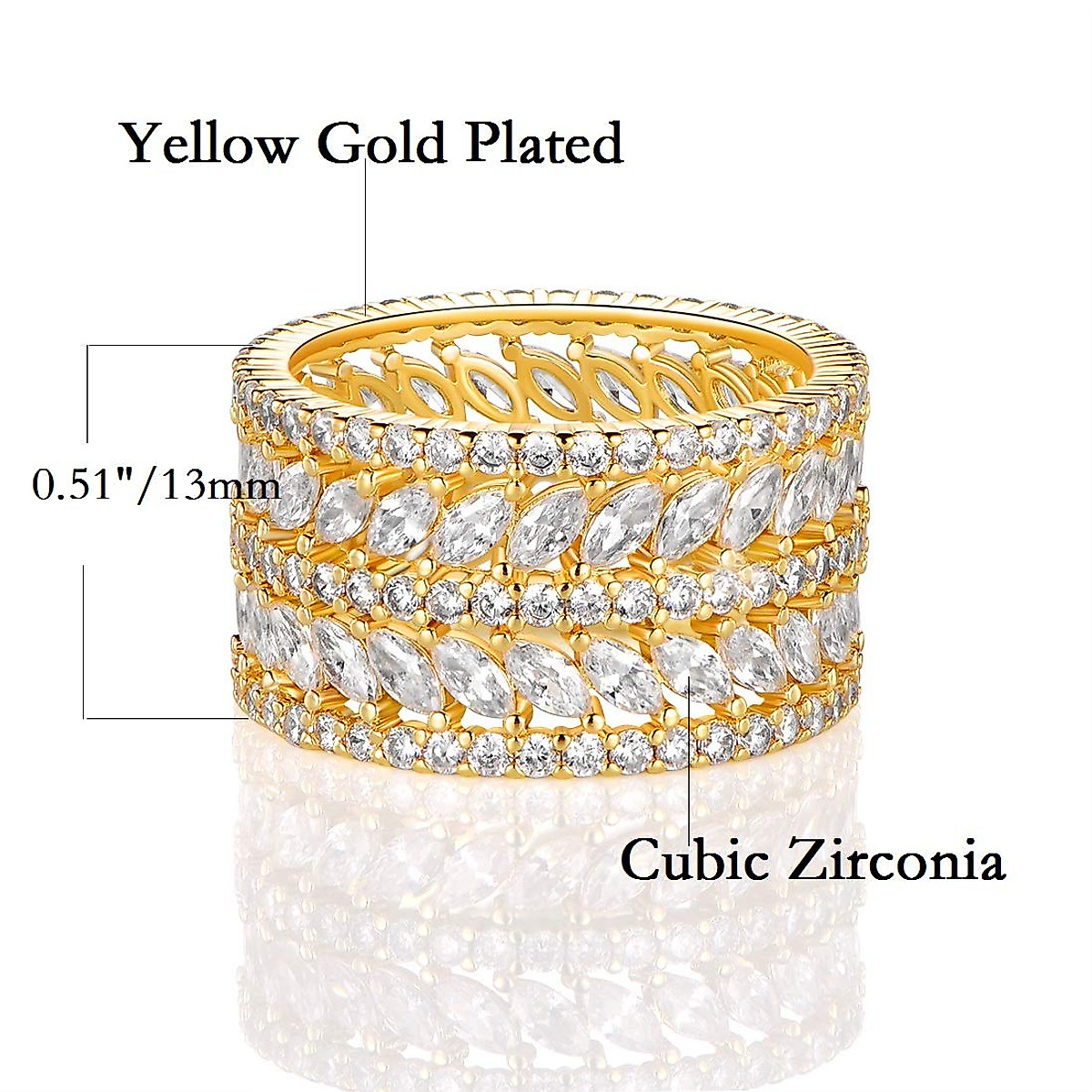 Gemsme 14K Yellow Gold Plated Marquise Cubic Zirconia Eternity Statment Ring for Women (6)