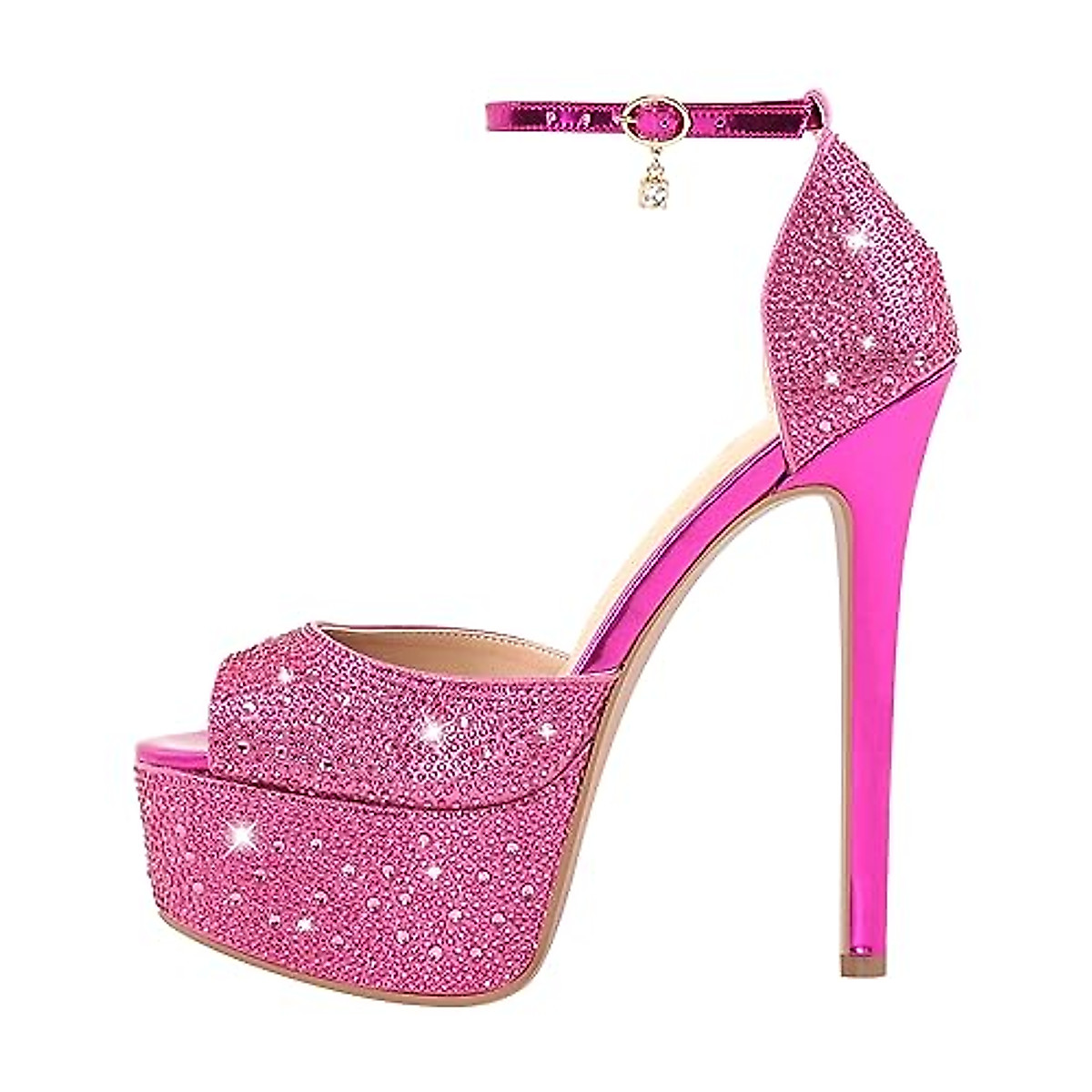 LISHAN Platform Pink Rhinestone Heel for Women Bling Bling Sandals Sexy Sparkly Stiletto High Heel with Ankle Strap Glitter Peep Open Toe Shoes for Dress Disco Party Slip on Shoes plus Size 13