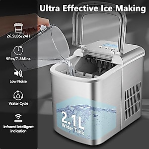 KUMIO Ice Makers Countertop with Self-Cleaning, 9 Pcs/6-8 Mins, 26.5 Lbs/24 Hrs, 2.1L Water Tank, 2 Sizes of Bullet Ice for Home/Party, LCD Digital Control Panel, Ice Basket & Scoop, Stainless Steel