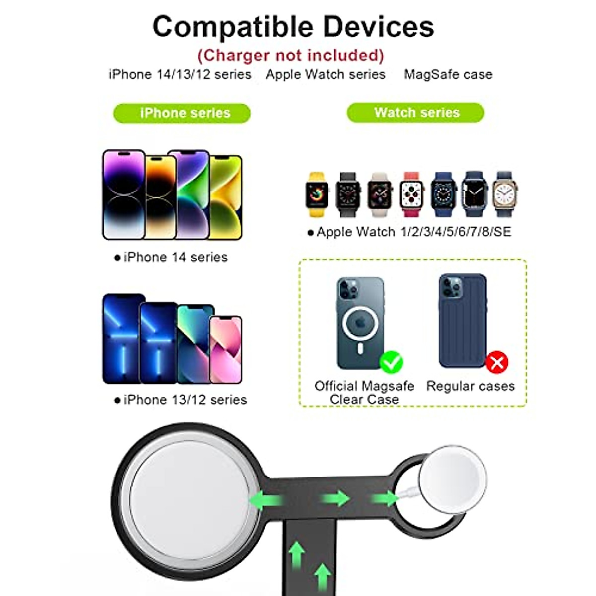 EWA 2 in 1 Magsafe Charger Stand, Aluminum Alloy,Phone Stand Holder,Compatible with iphone14/pro/pro Max, iPhone 13/12/ Pro Max/Mini and Apple Watch 3/4/ 5/6/ 7/8 Black - (Chargers Not Included)