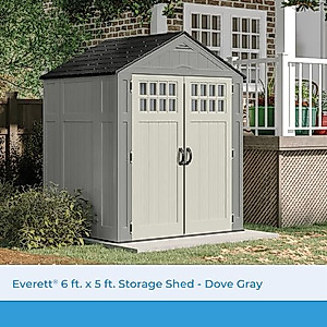 Suncast Everett 6' x 5' Heavy-Duty Resin Outdoor Storage Shed with Pad-Lockable Double Doors and Windows, All-Weather Shed for Yard Storage, Dove Gray