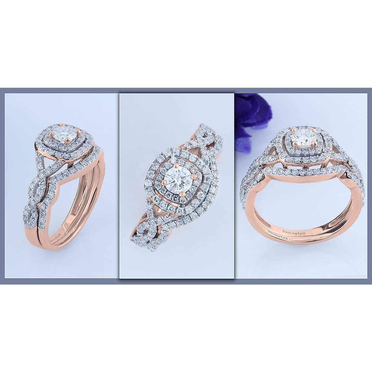 Dazzlingrock Collection 1.00 Cttw Round White Diamond Cushion Shaped Halo Engagement Ring Set for Women in 14K Solid Rose Gold, Size 10