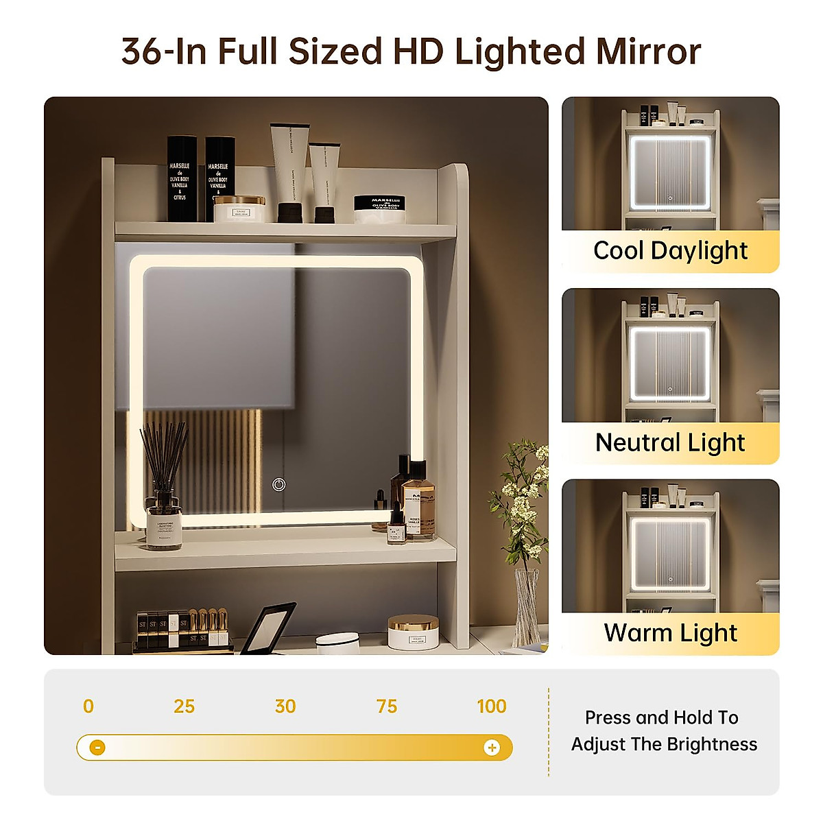 oneinmil Small Vanity Desk Set with LED Lighted Mirror & Power Outlet, Makeup Vanity Desk for Small Space, White Dressing Table with Fold-up Panel for Bedroom, 3 Lighting Modes