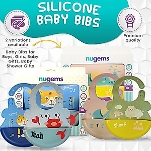 NUGEMS Silicone Baby Bibs for Babies & Toddlers (6-72 months) Silicone Bibs for Boy, Girls, Baby Gifts, Baby Shower Gifts 2 Pack (Blue and Gray)