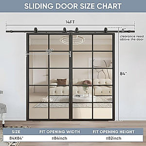 JUBEST Double Barn Door 84 x 84 in with 14FT Hardware Kit, 2 Sets of 42x84 in Clear Tempered Glass Aluminum Frame Barn Door,Pocket Interior Door, Easy Assembly，Black Top-Mounted Hardware