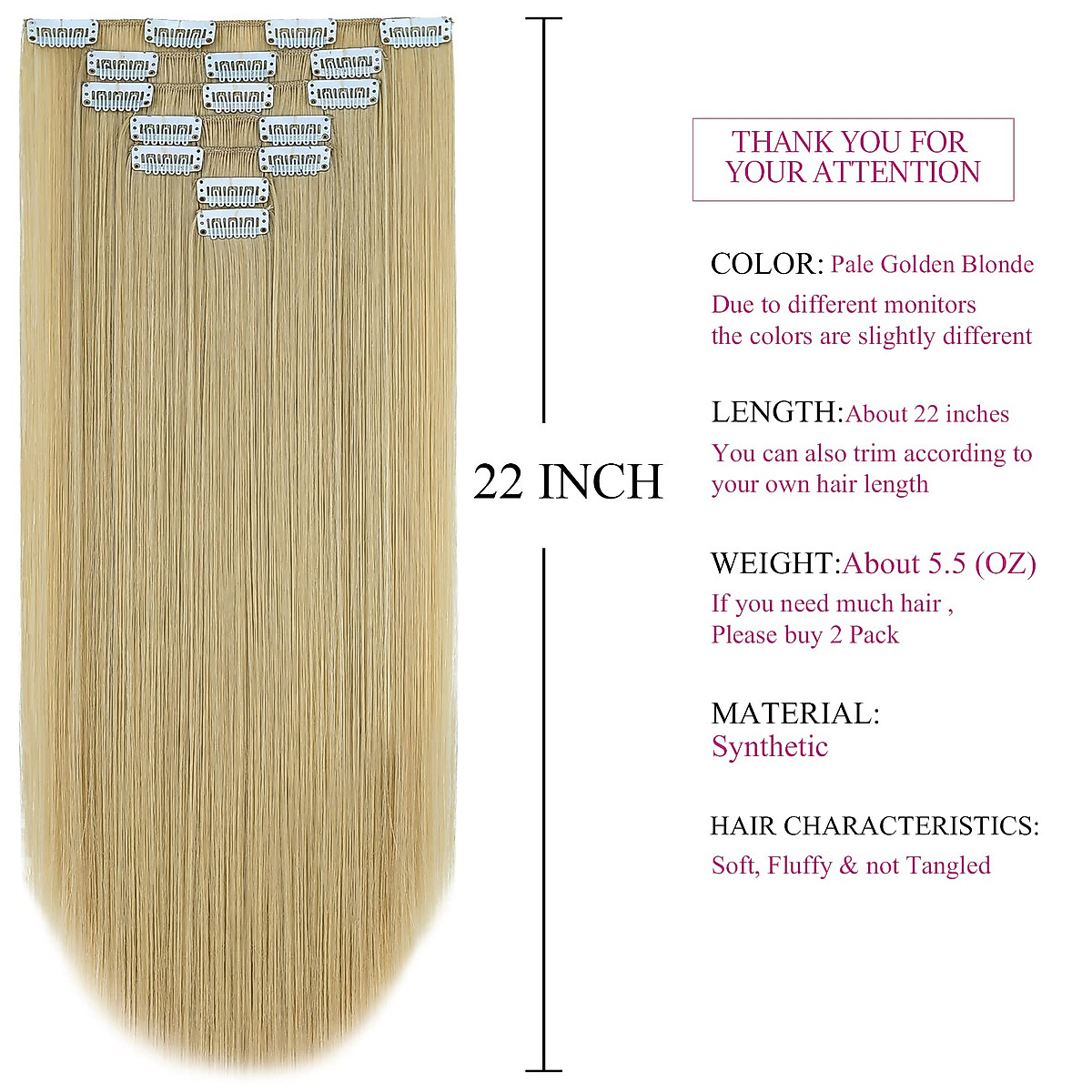 SYXLCYGG Blonde Hair Extensions Clip Hair Extension 22" 5 Oz Straight Synthetic Cheap Fluffy Blond Hair Pieces for Women