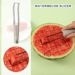 TROKKA 3-in-1 Watermelon Fork Slicer Cutter，Stainless Steel Watermelon Popsicle Cutter Watermelon Cutter Slicer Tool Melon Cutter Knife Portability Fruit Fork for Camping Kitchen Gadgets (Beige)