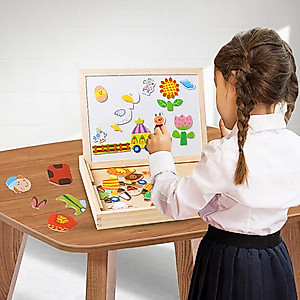Skrtuan Wooden Educational Toys Magnetic Puzzles for Kids Wooden Art Easel Double Side Educational Learning Games for Boys Girls Children