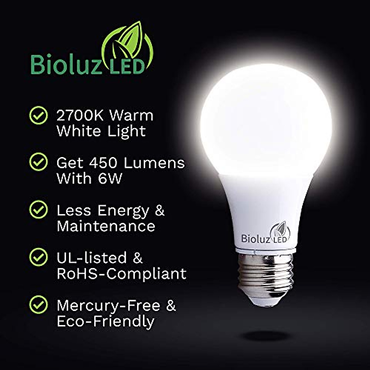 Bioluz LED 40 Watt LED Light Bulbs 2700K Warm White 6 Watts = 40W Non-Dimmable A19 LED Light Bulbs 6 Pack