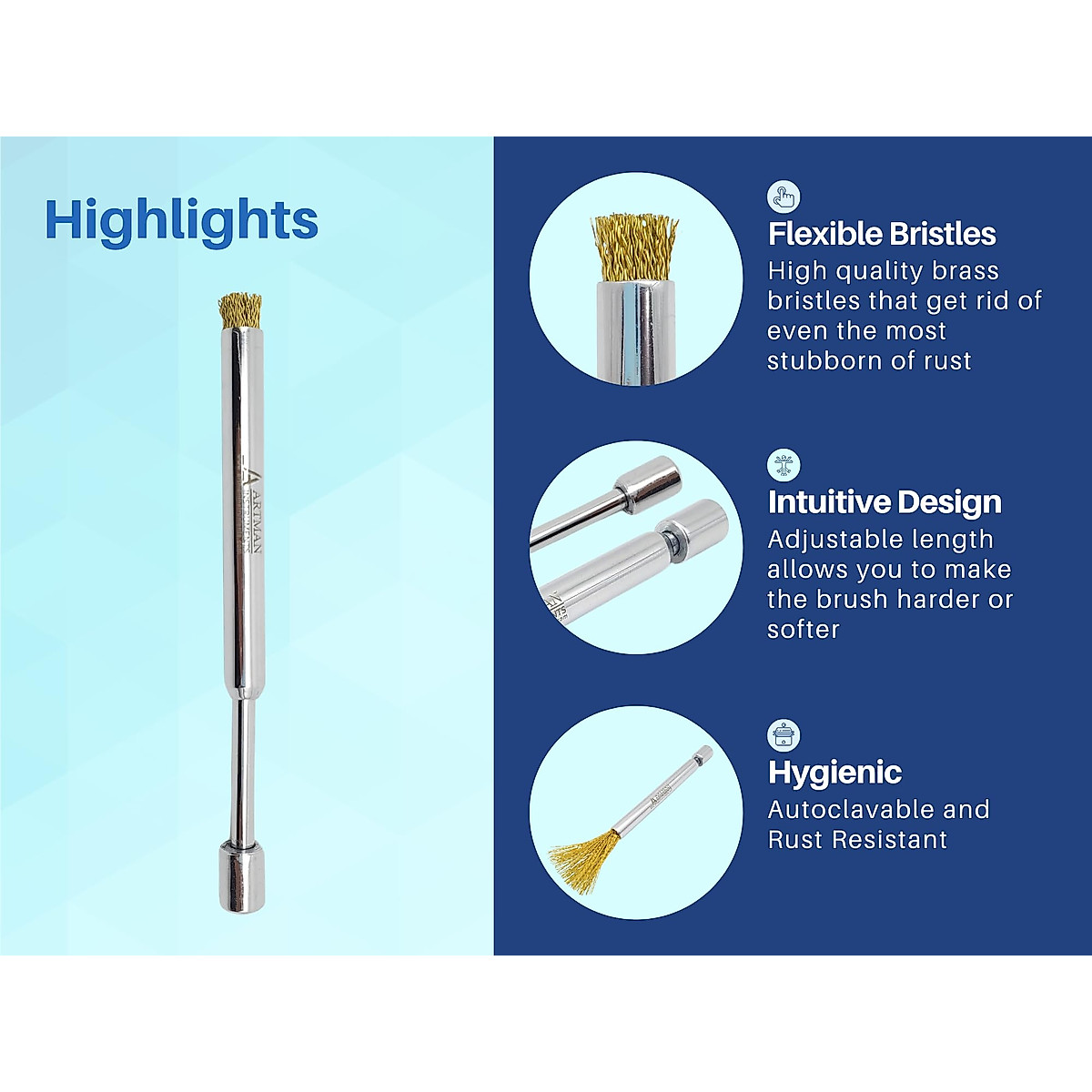 Artman Instruments Bur Cleaning Brass Wire Brush Dental Nail Cleaning Bit Cleaning Bur Cleaning Brush Copper Bristles Adjustable Length