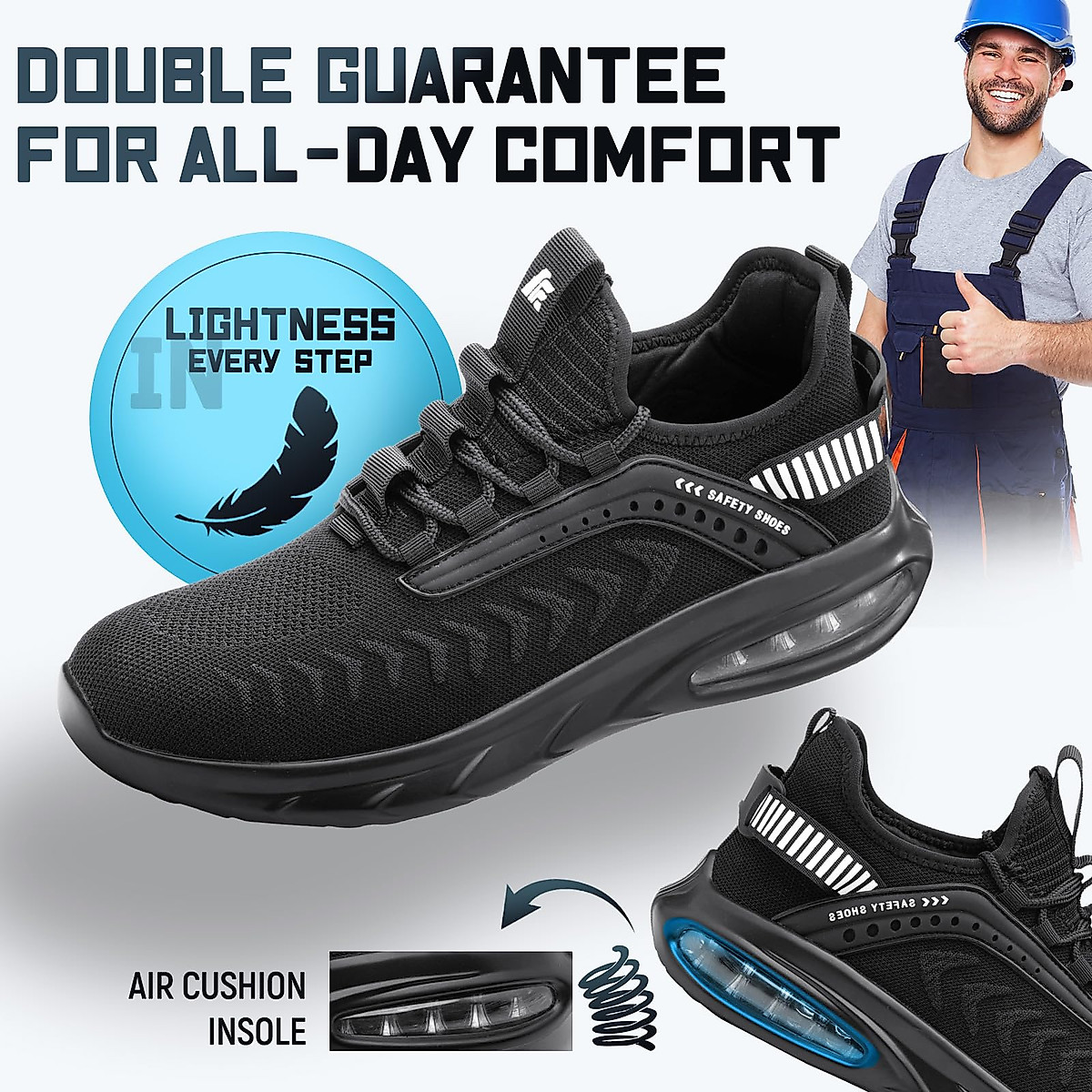 Steel Toe Shoes for Men Work Women Lightweight Air Cushion Sneakers Slip Resistant Safety Work Boots Indestructible Shoes Black