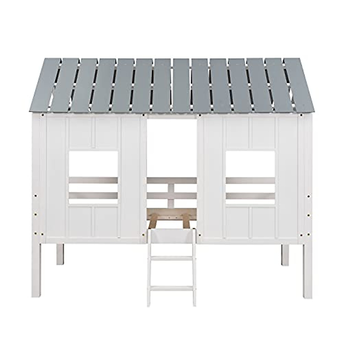 Merax Twin Size Wooden House Bed, Low Loft Bed Frames with Two Front Windows and Roof for Girls and Boys, White(Grey Roof)