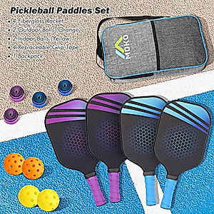 MoKo Pickleball Paddles Set of 4, Fiberglass Surface Raquette Set Honeycomb Core with 4 ballls+2 Ball Retriever+4 Replacement Soft Grip+1 Bag, Gift for Kids Men Women, Blue+Purple