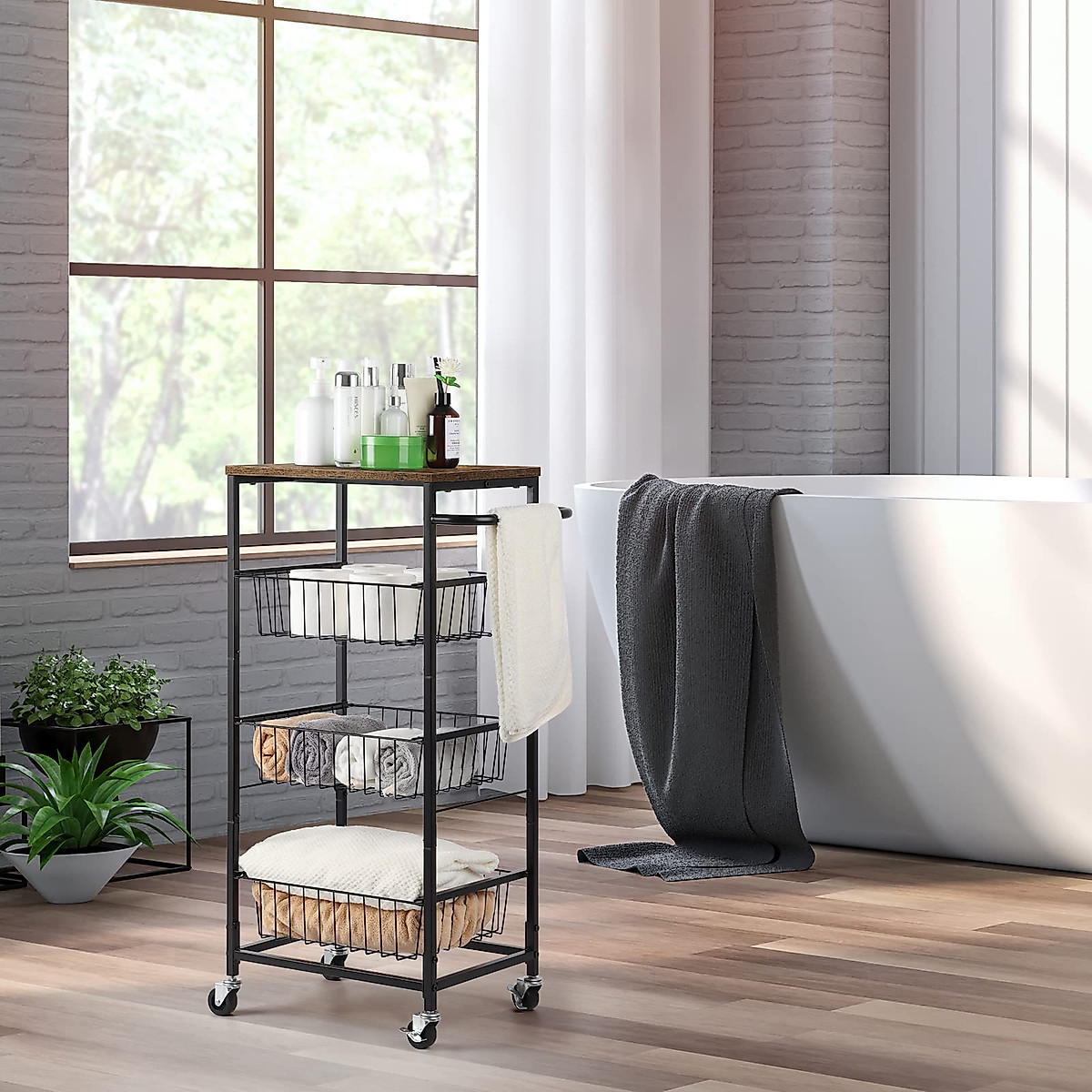 smusei Kitchen Cart on Wheels 4 Tier Metal Moveable Kitchen Cart with Storage Rolling Utility Storage Cart with Pull Out Baskets for Home, Bathroom, Pantry