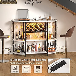 Unikito Bar Table Cabinet with Charging Station,Wine Rack Table with LED light, Wine Bar Cabinet with Storage, Freestanding Floor Bar Cabinet for Liquor and Glasses for Home Kitchen Dining Room, White