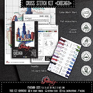 Povitrulya Counted Cross Stitch Kit for Adults “Chicago” - Chi-Town Cityscape Hand Embroidery Set with Pattern, 14-Count Aida Cloth and Pre-Sorted Cotton Threads