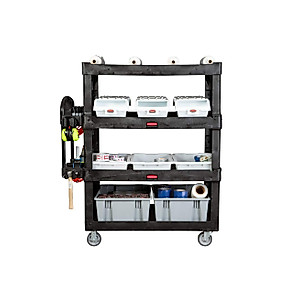 New Rubbermaid Commercial Products 4-Shelf Utility/Service Quad Cart, Heavy Duty Large, Lipped Shelf, Ergonomic Handle, 700 lbs. Capacity, for Warehouse/Garage/Cleaning/Manufacturing (2128657) Black