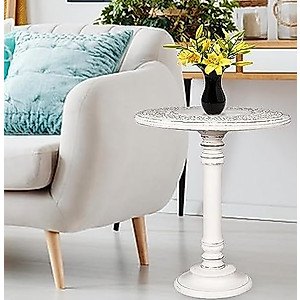 Side Table,Round End Table,Small Table,Side Tables Living Room,End Table,Round Side Table,Altar Table, Carved Side Table,Wood Accent Table,Carved Wood Table Single Pillar 18x22 inch White Antique
