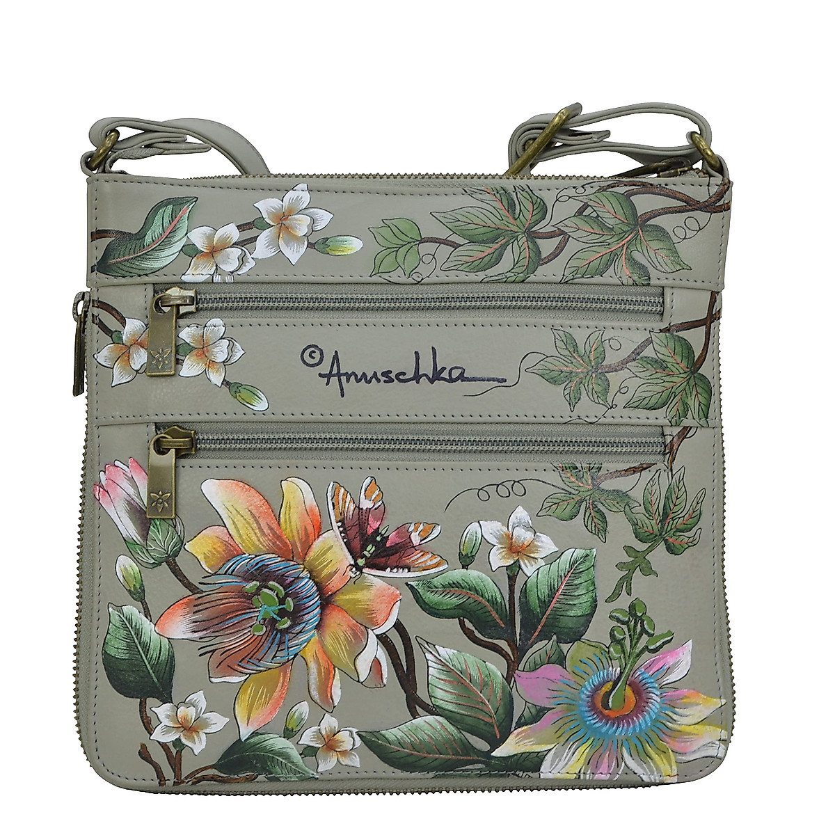Anuschka Women’s Genuine Leather Expandable Travel Crossbody - Hand Painted Exterior - Floral Passion