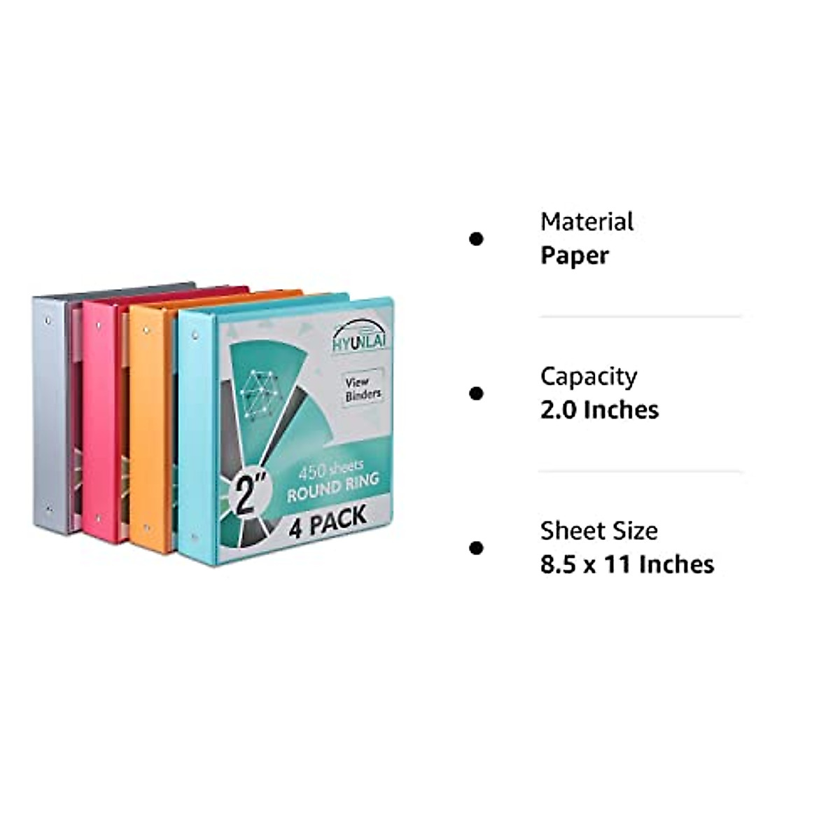 2 Inch 3 Ring Binder, HYUNLAI 2'' Round-Ring View Presentation View Binders, Holds Up to 8.5"11" Paper,Customizable Clear Cover,for Home,Office,and School Supply,4 Pack