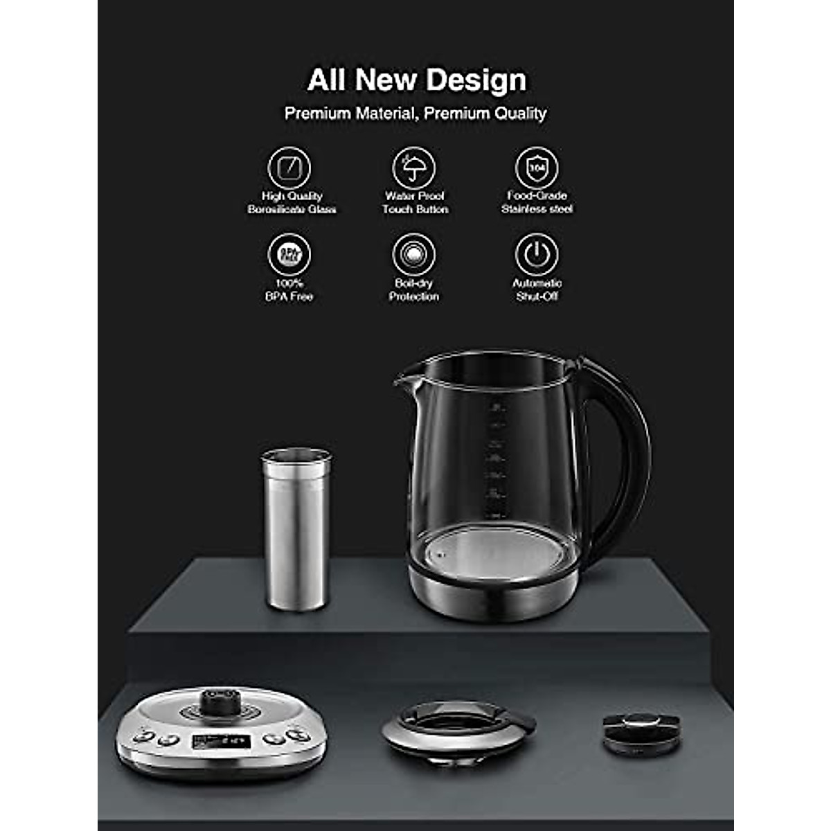 Electric Tea Kettle, 6 Variable Presets Temperature Smart Tea Maker, Fast Boil Electric Glass Kettle with 2Hr Keep Warm Function, Premium Stainless Steel, 1200 Watt Quick Heating, 1.7L