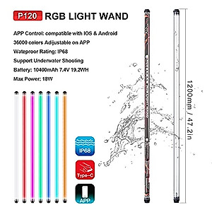 LUXCEO P120 RGB Handheld Photography Light, APP Control 1350 Lumen LED Video Light Wand 360°Full Color 12 Lighting Modes CRI≥95 IP68 Waterproof Built-in Rechargeable Battery 3000k 5750k Colorful Stick