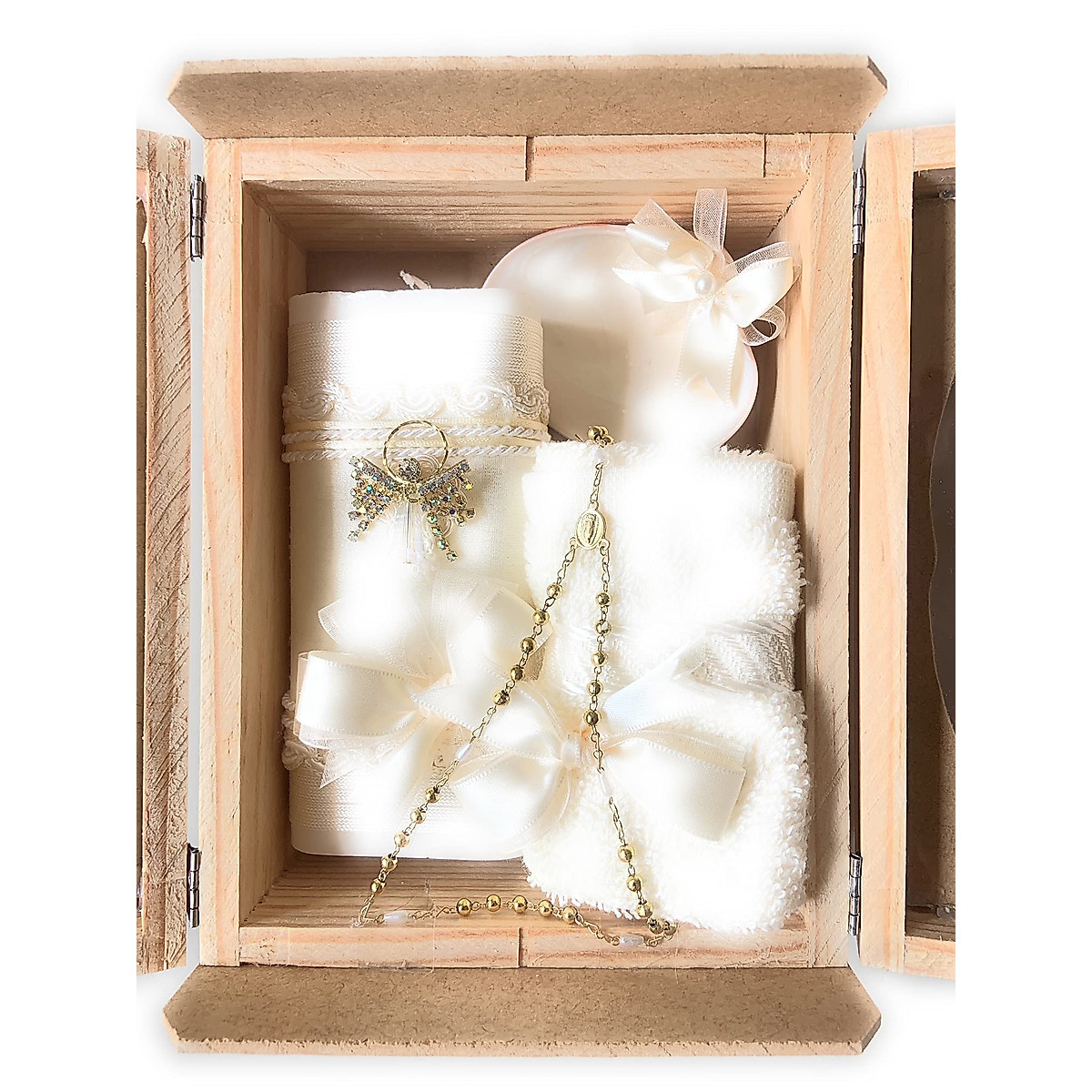 Catholic Baptism Kit in a Wooden Box with Towel, Candle, Rosary and Shell for Baby Boys and Girls. Handmade in Mexico Gift for Godparents. Holy Spirit Baptism Candle Set. Kit de Bautizo