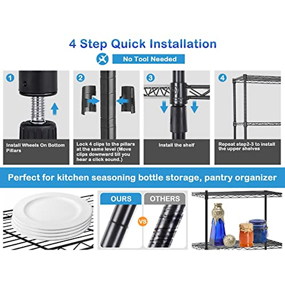 5-Tier Metal Wire Shelving Unit Kitchen Shelf Organizer Garage Storage Rack Utility Shelf Snack Shelf, NSF Certified Storage Shelves for Storage, Garage Shelving Kitchen Storage Shelf Pantry Shelves