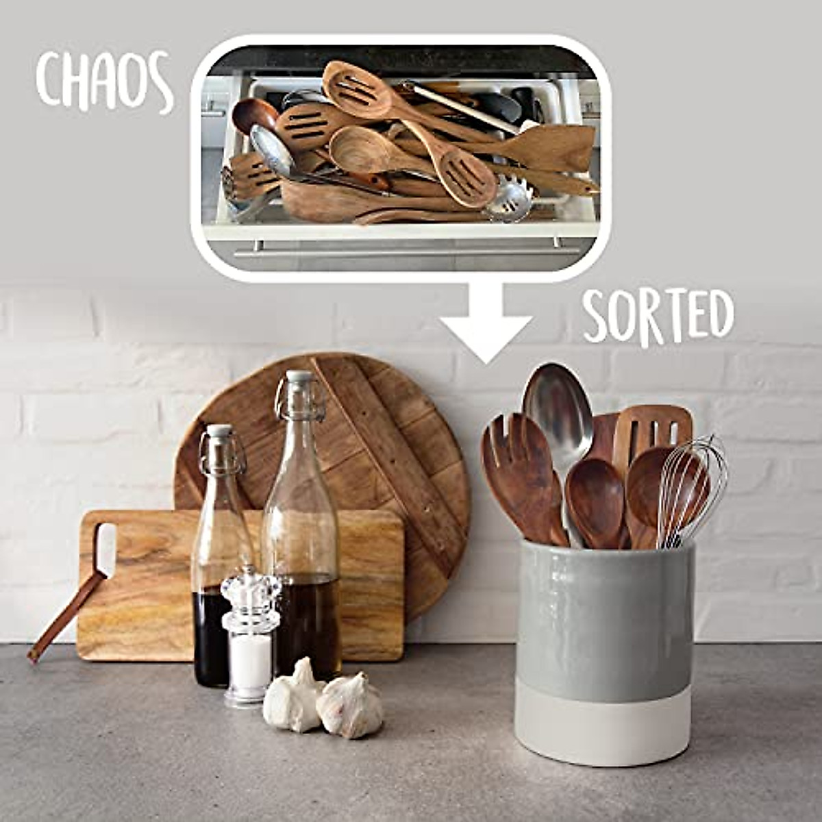 Utensil holder – crock - caddy - Extra Large ceramic organizer for kitchen countertop - modern or rustic farmhouse decor - gray & natural white - jar holds all spatulas, spoons & tools