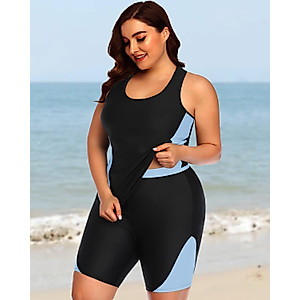 Daci Women's Plus Size Tankini Swimsuit - Two Piece Rash Guard with Capris Shorts and Athletic Racerback Bathing Suit Light Blue 22 Plus