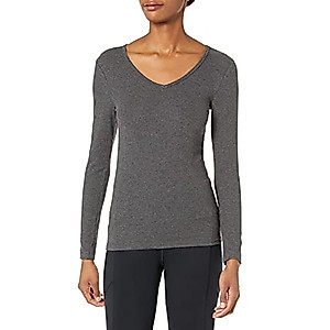 Amazon Essentials Women's Slim-Fit Layering Long Sleeve Knit Rib V-Neck (Available in Plus Size), Pack of 2, Black/Charcoal Heather, Small