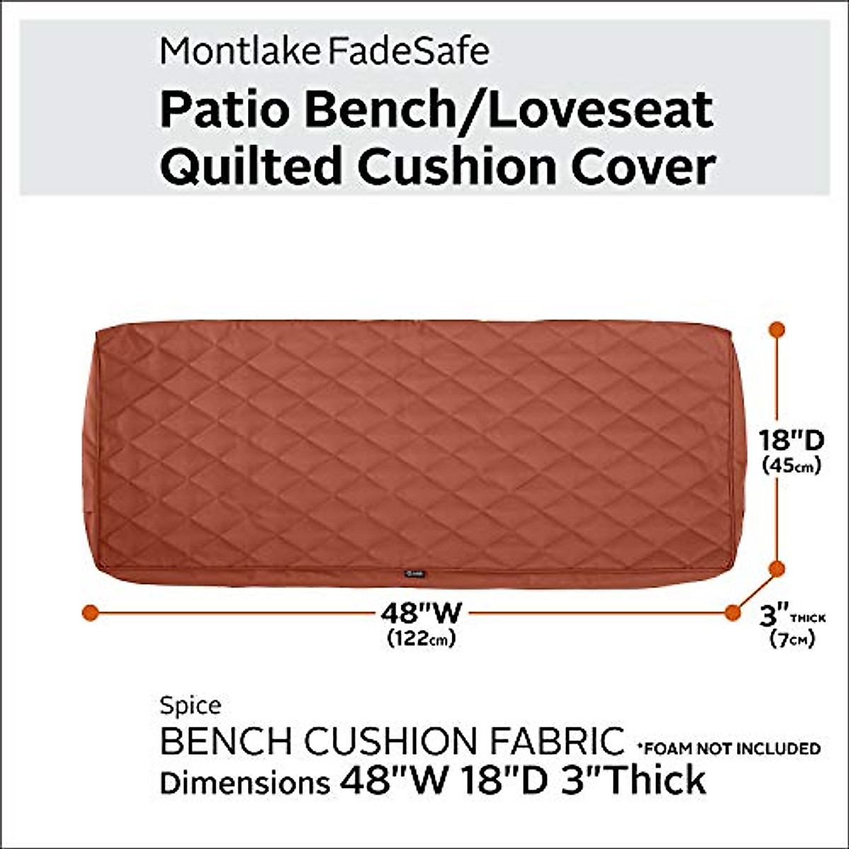 Classic Accessories Montlake FadeSafe FadeSafe Water-Resistant Patio Bench/Settee Quilted Cushion Cover, 48 x 18 x 3 Inch, Spice