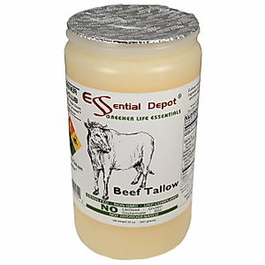 Beef Tallow - 1 Quart (32 oz nt wt) - Grass Feed - Non-GMO - Keto Friendly - Food Grade - FREE from LACTOSE-GLUTEN-GLUTAMATE-BSE - safety sealed HDPE container with resealable cap