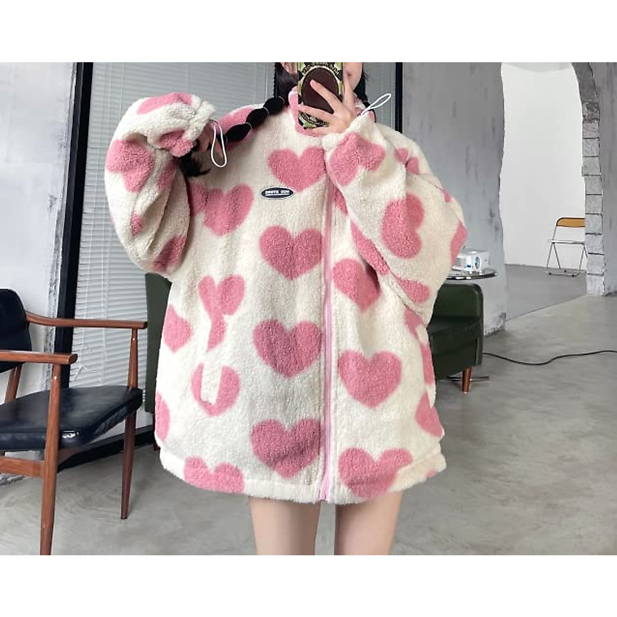 Women's Fleece Sherpa Jackets Reversible Kawaii Heart Print Fuzzy Zip Up Coats Aesthetic Y2k Winter Oversized Outwear (Pink,XL)