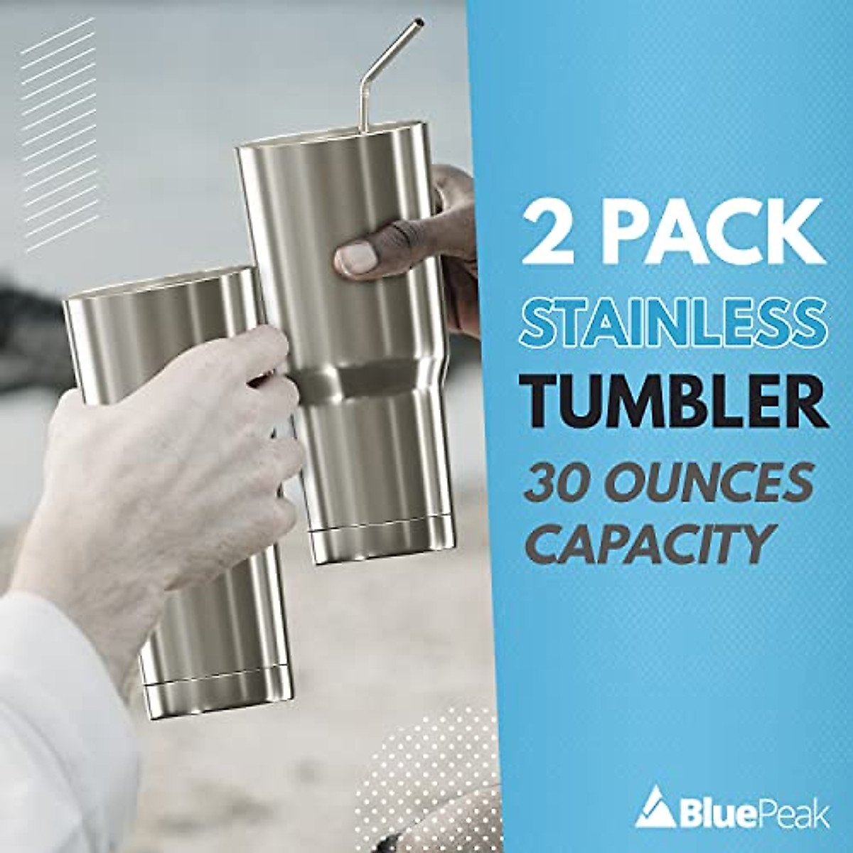 BluePeak Double Wall Vacuum Stainless Steel Insulated Tumblers Set, 2-Pack - Includes 2 Sipping Lids, 2 Spill-Proof Sliding Lids, 2 Straws, 1 Cleaning Brush & Gift Box (30 oz, Silver)