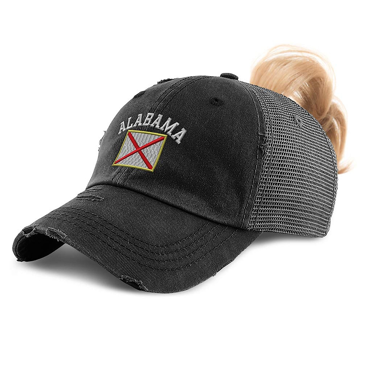 Speedy Pros Womens Ponytail Cap Alabama State Flag Letters Embroidery Cotton Distressed Trucker Hats Strap Closure Black