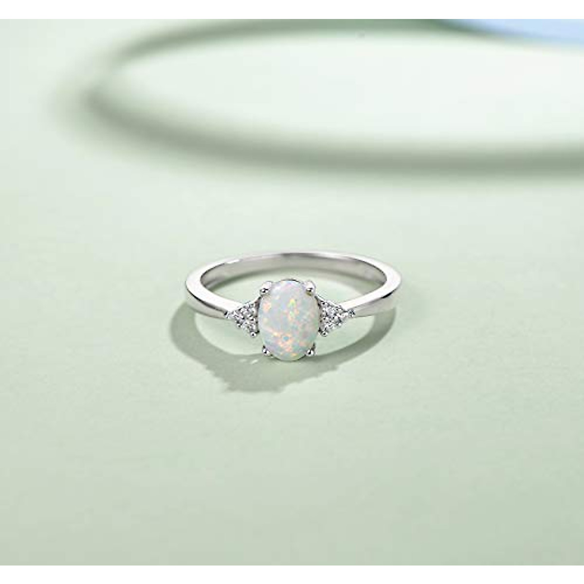 FANCIME Created Opal Rings for Women Sterling Silver 4-prong Halo White Opal Ring Cubic Zirconia Engagement Wedding Ring Fine Jewelry for Women Size 4