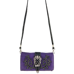 Justin West Tooled Laser Cut Leather Floral Embroidery Rhinestone Buckle Studded Shoulder Concealed Carry Tote Style Handbag Purse (Purple Purse and Wallet Set)