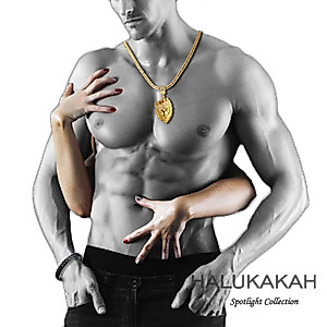 Halukakah 18k Real Gold Plated Men Necklace Large Crown Lion Pendant Lab Diamonds 7mm Sharktail Chain 30", with Giftbox