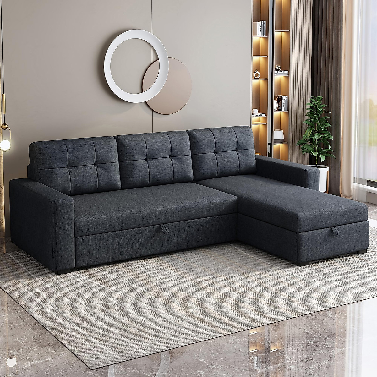 ACQCA 81.5" Sectional Sleeper Sofa with Storage Chaise, L Shaped Pull Out Couch Bed with 3 Removable Back Cushion for Living Room,Apartment,Office,Dark Grey