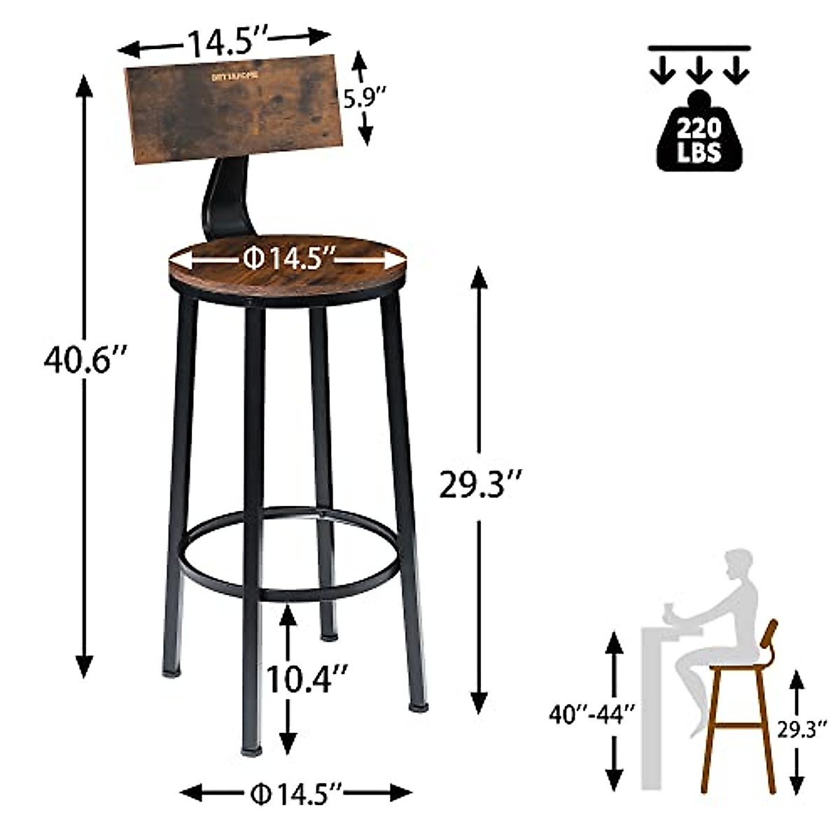 BETTAHOME Bar Stools Set of 2, 29 Inch Bar Chairs for Counter Height, Wooden Barstools with Footrest and Backrest, Rustic Brown and Black BT008