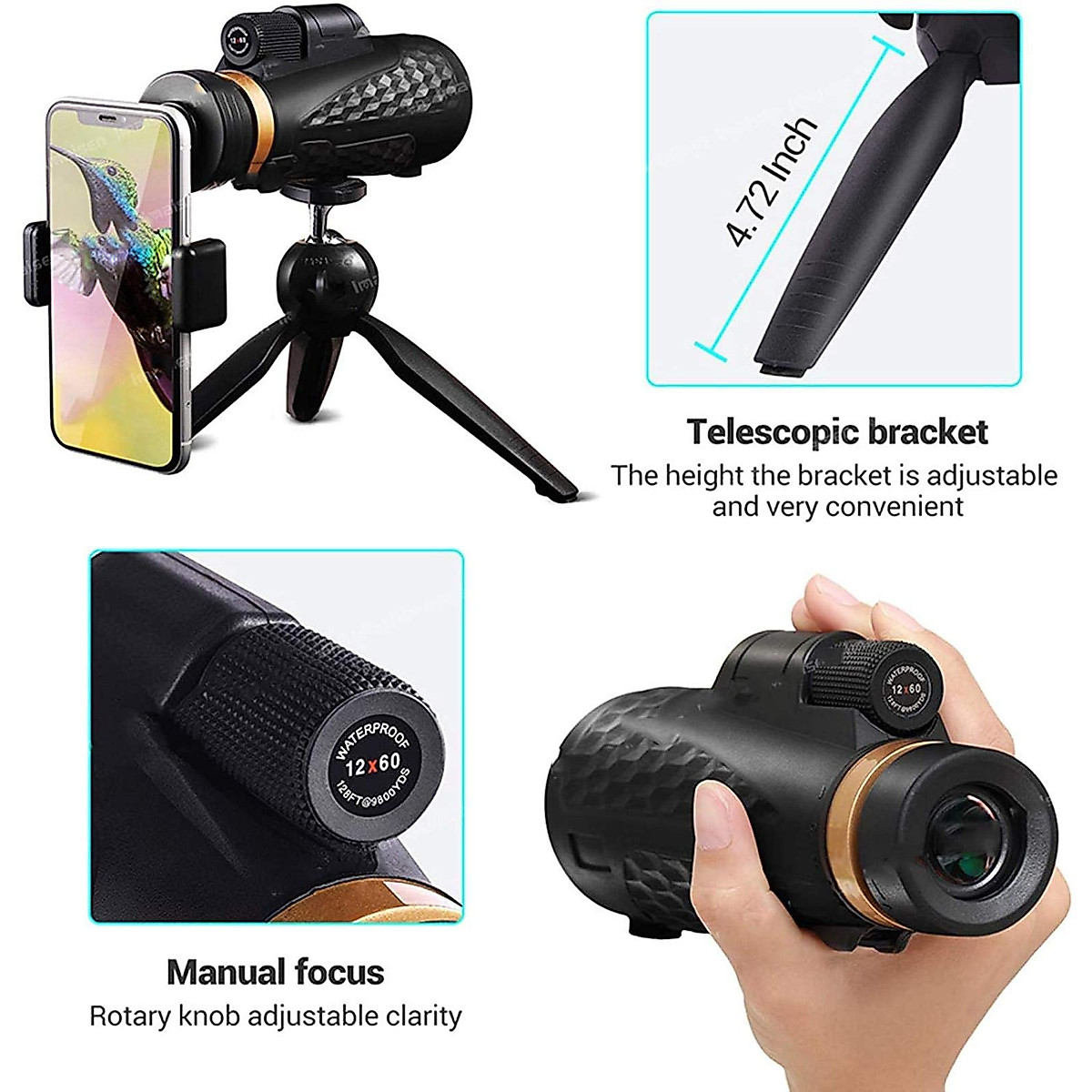 18x62 High Power BAK4 Prism FMC Lens Monocular Compact Life Waterproof Monocular with Smartphone Adapter and Tripod for Adult Bird Watching, Outdoor Hunting