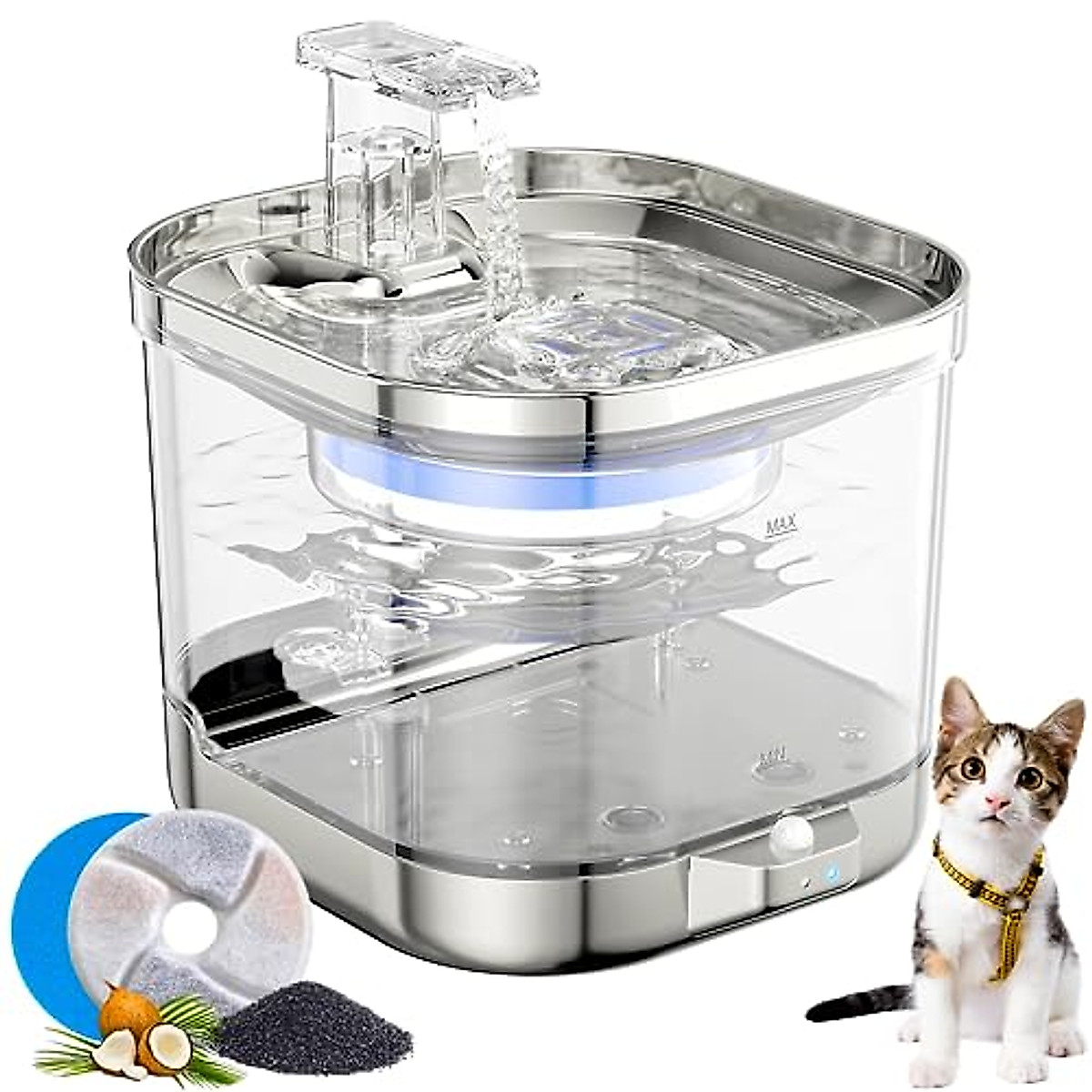 Wireless Rechargeable Cat Water Fountain Cat Drinking Fountain, Super Longer Battery Life, 304 Stainless Steel Basin, Automatic Infrared Sensing, Low Noise, 3 Way Filter System for Pets Indoors