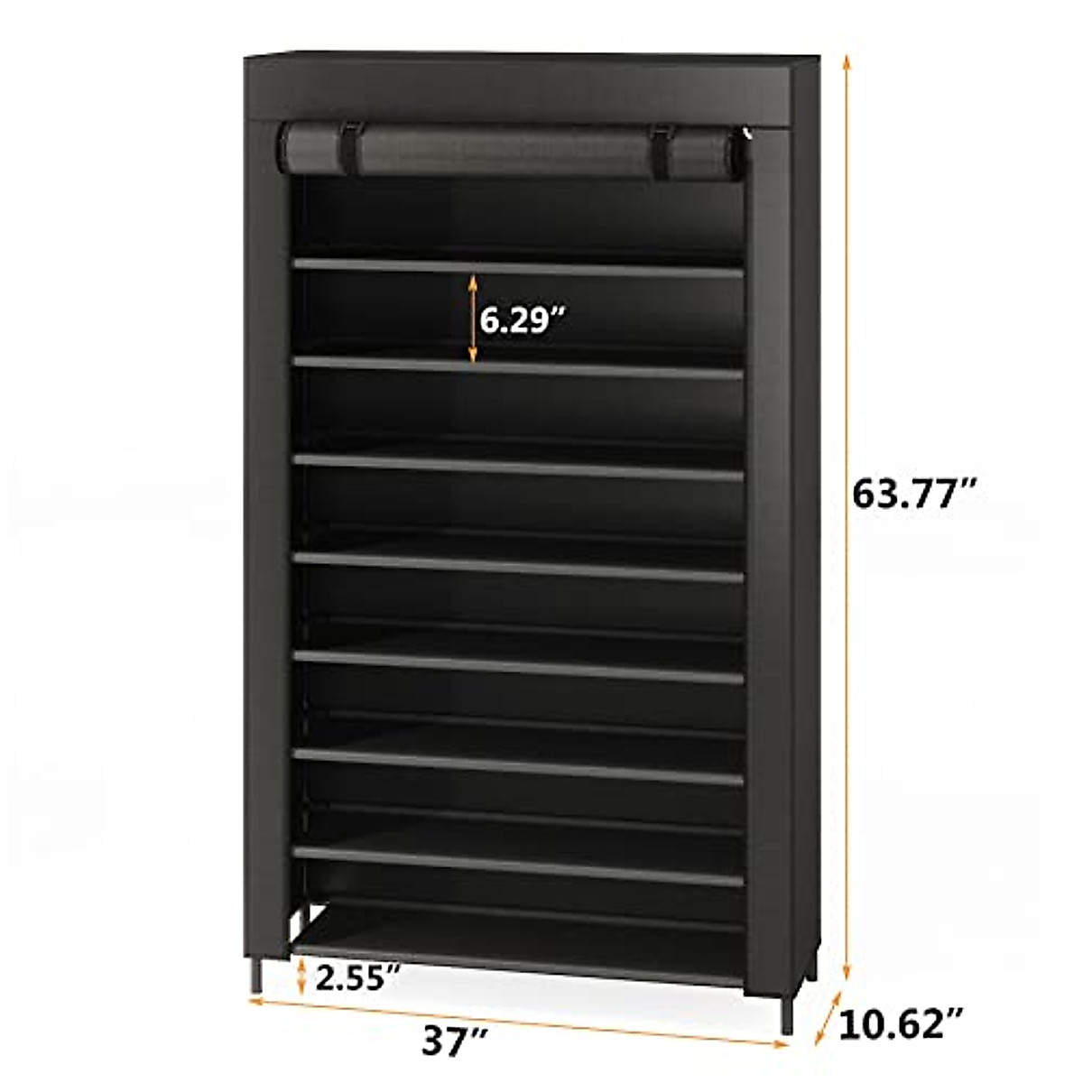 10 Tier Shoes Rack with Cover, Shoes Racks Organizer for Closet, Black Vertical Shoe Shelf for Entryway,50 Pair Large Shoe Stand, Non-Woven Shoe Storage Cabinet