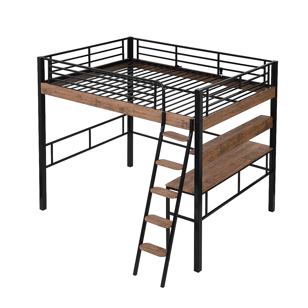 Full Size Loft Bed with Desk and Storage Shelf, Metal Loft Bed Full Size with Wider Ladder and Full Length Guardrail, Full Size Loft Bed for Kids, Teens, Full Size Loft Bed Black+Natural