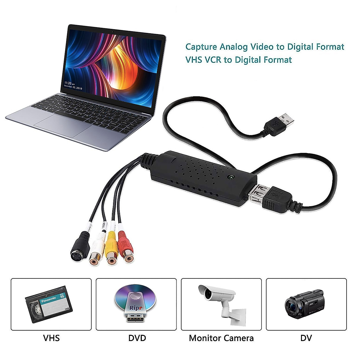 YUANLY VHS to Digital Converter,Video Capture Card USB 2.0 Audio Video Capture Card Device Old VHS Mini DV Hi8 DVD VCR to Digital Converter for Mac,PC Support Windows 2000/10/8/7/Vista/XP/Android